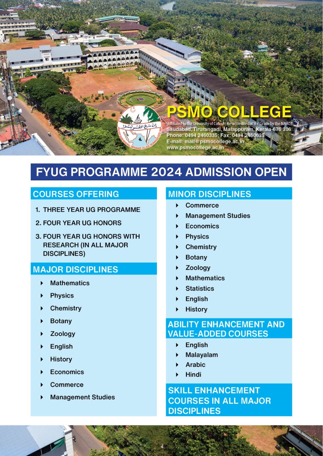 FYUG Programmes 2024 Admission Open – PSMO College Tirurangadi